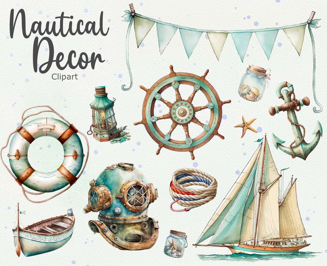 15 Nautical Decor Clipart, Marine Clipart, Watercolor Nautical Clipart ...