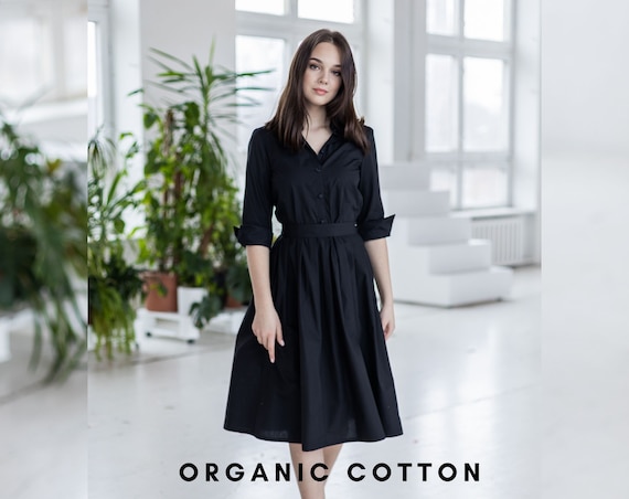 Black Organic Cotton Dress Black Dress Collar Dress Classic | Etsy