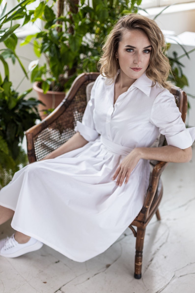 Organic Cotton Midi Dress: Classic White Collar Dress With Belt - Etsy