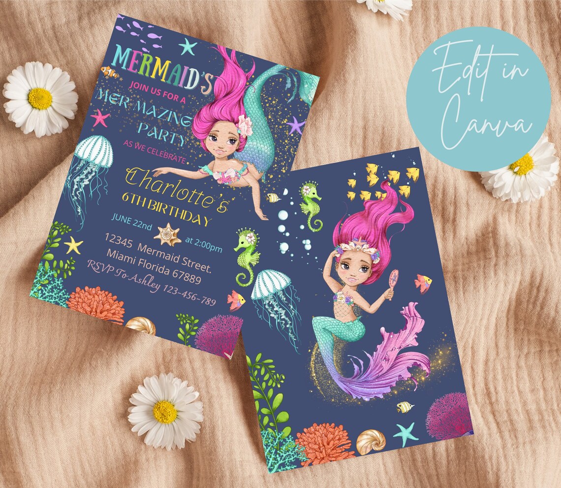 Editable Mermaid Birthday Invitation Under the Sea Birthday Invitation ...
