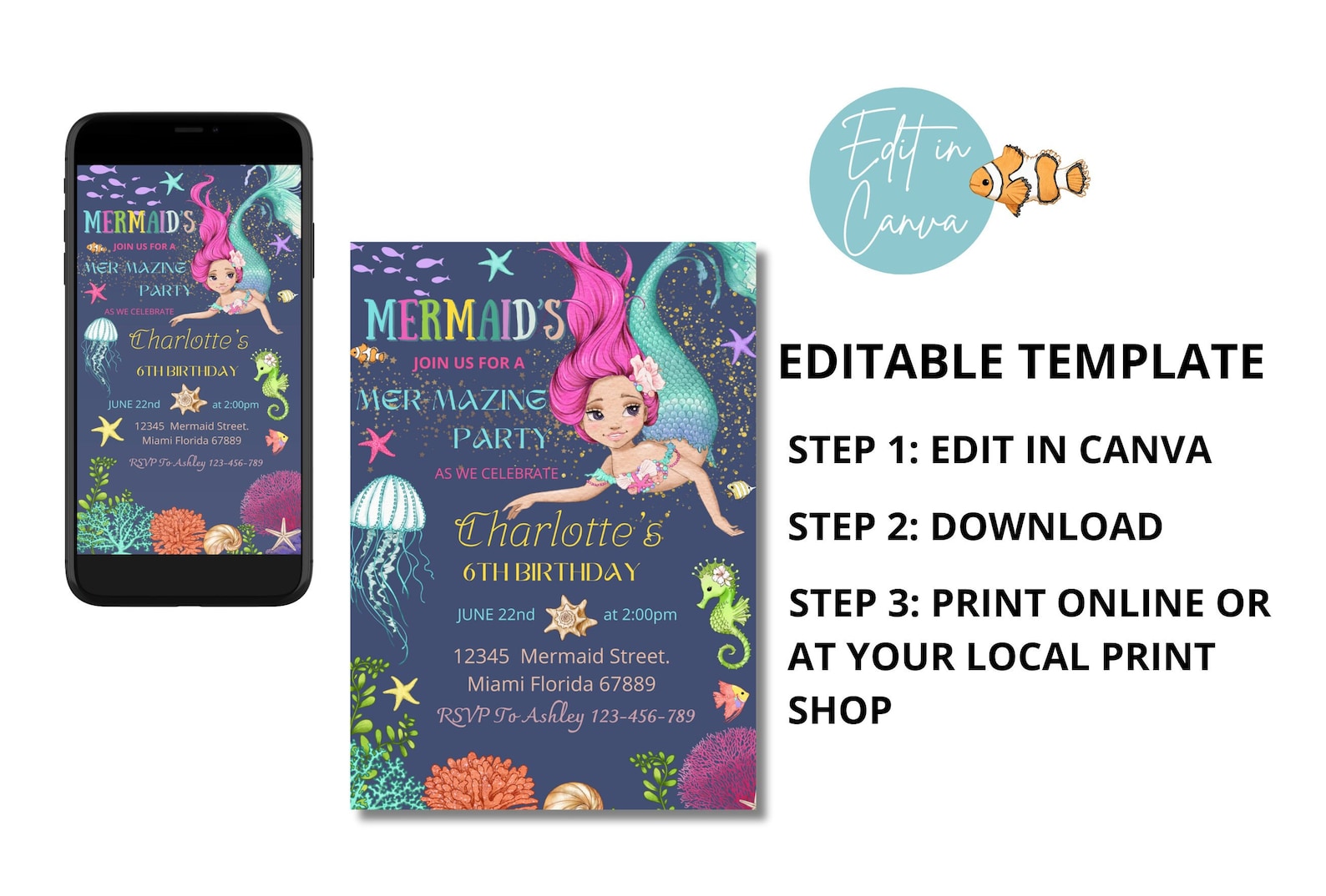 Editable Mermaid Birthday Invitation Under the Sea Birthday Invitation ...