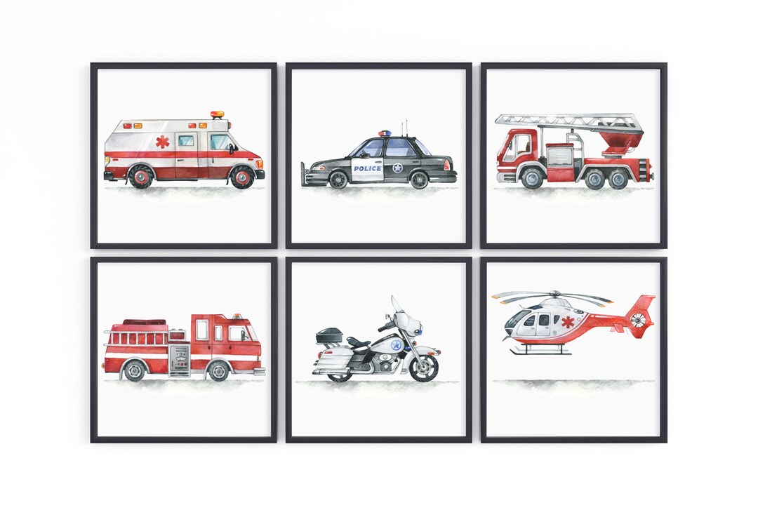 Emergency Vehicle Print Set of 6- Boy Nursery Wall Art- Fire Truck ...