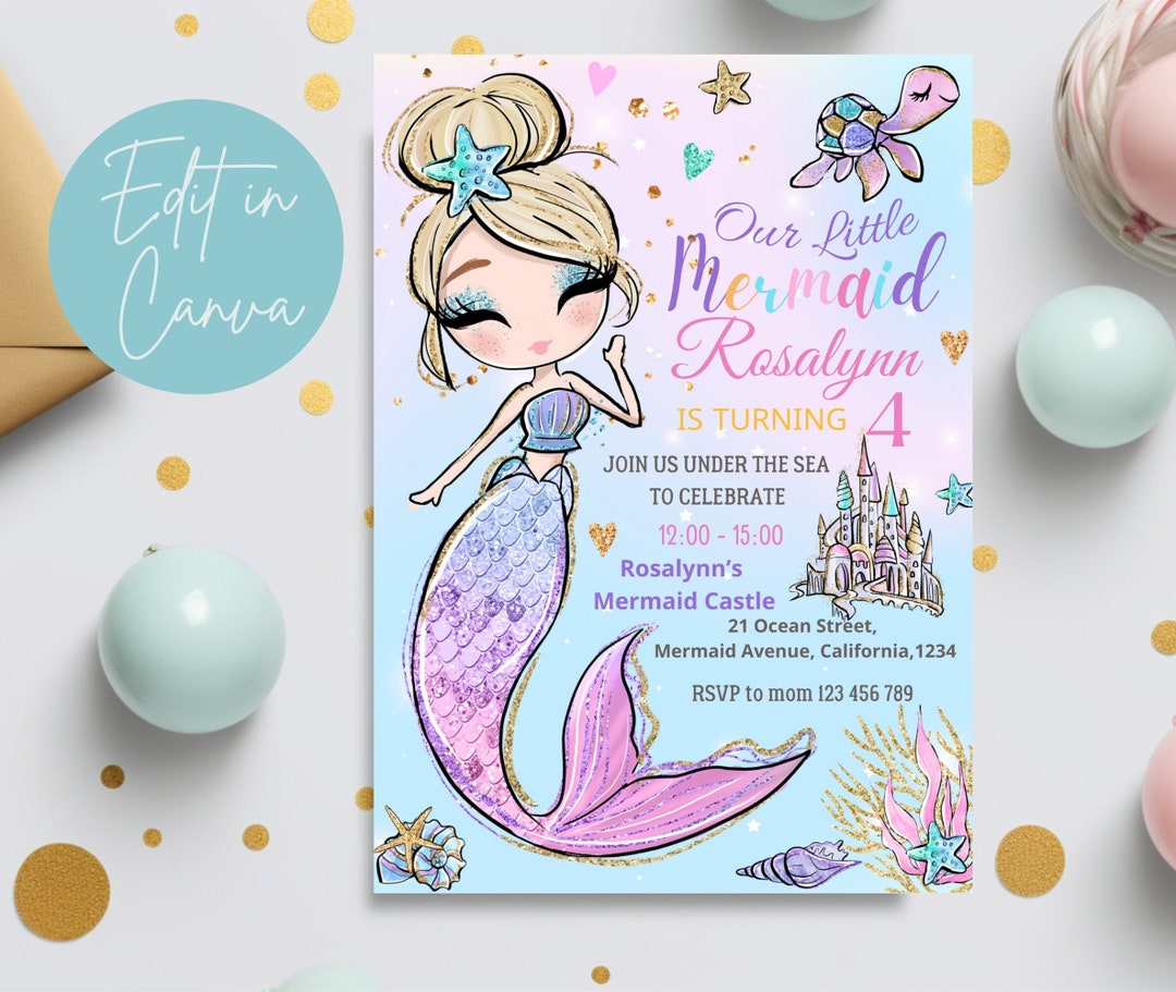 Editable Mermaid Birthday Invitation Under the Sea Birthday Invitation ...