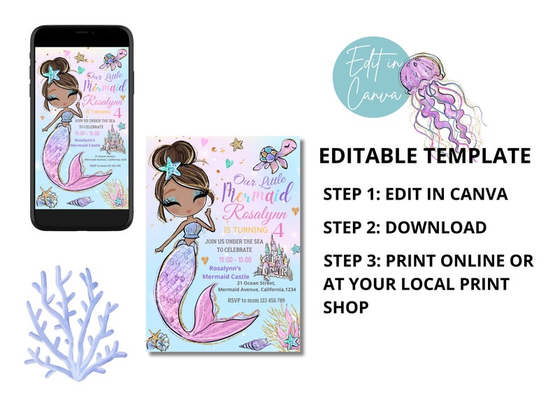 Editable Mermaid Birthday Invitation Mermaid Party Invitation Mermaid ...