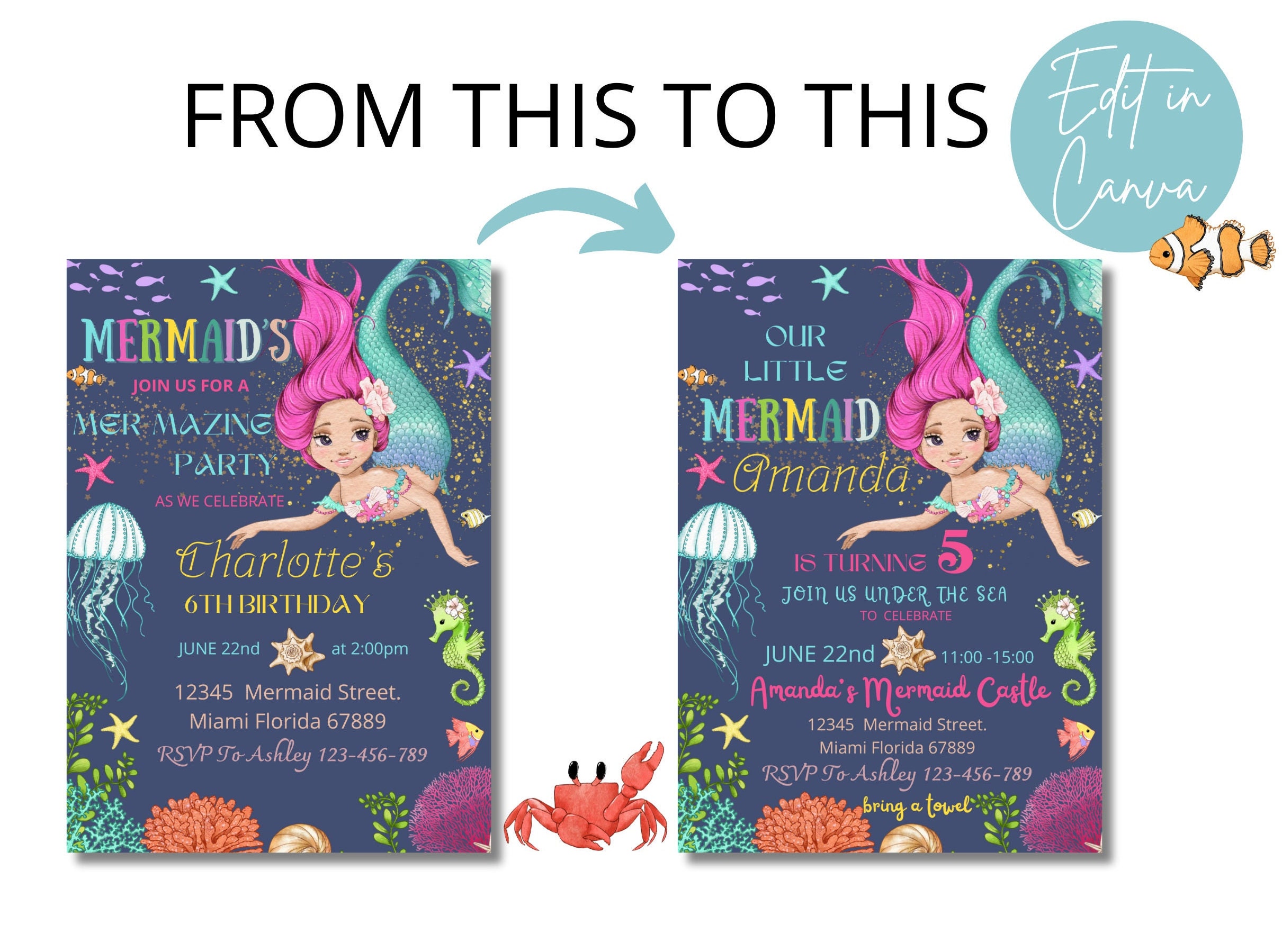 Editable Mermaid Birthday Invitation Under the Sea Birthday Invitation ...