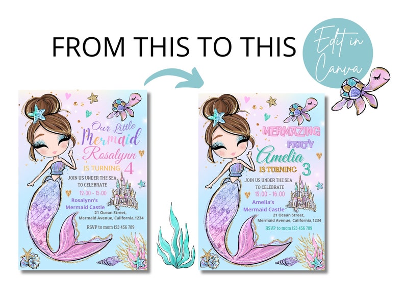 Editable Mermaid Birthday Invitation Mermaid Party Invites Under the ...