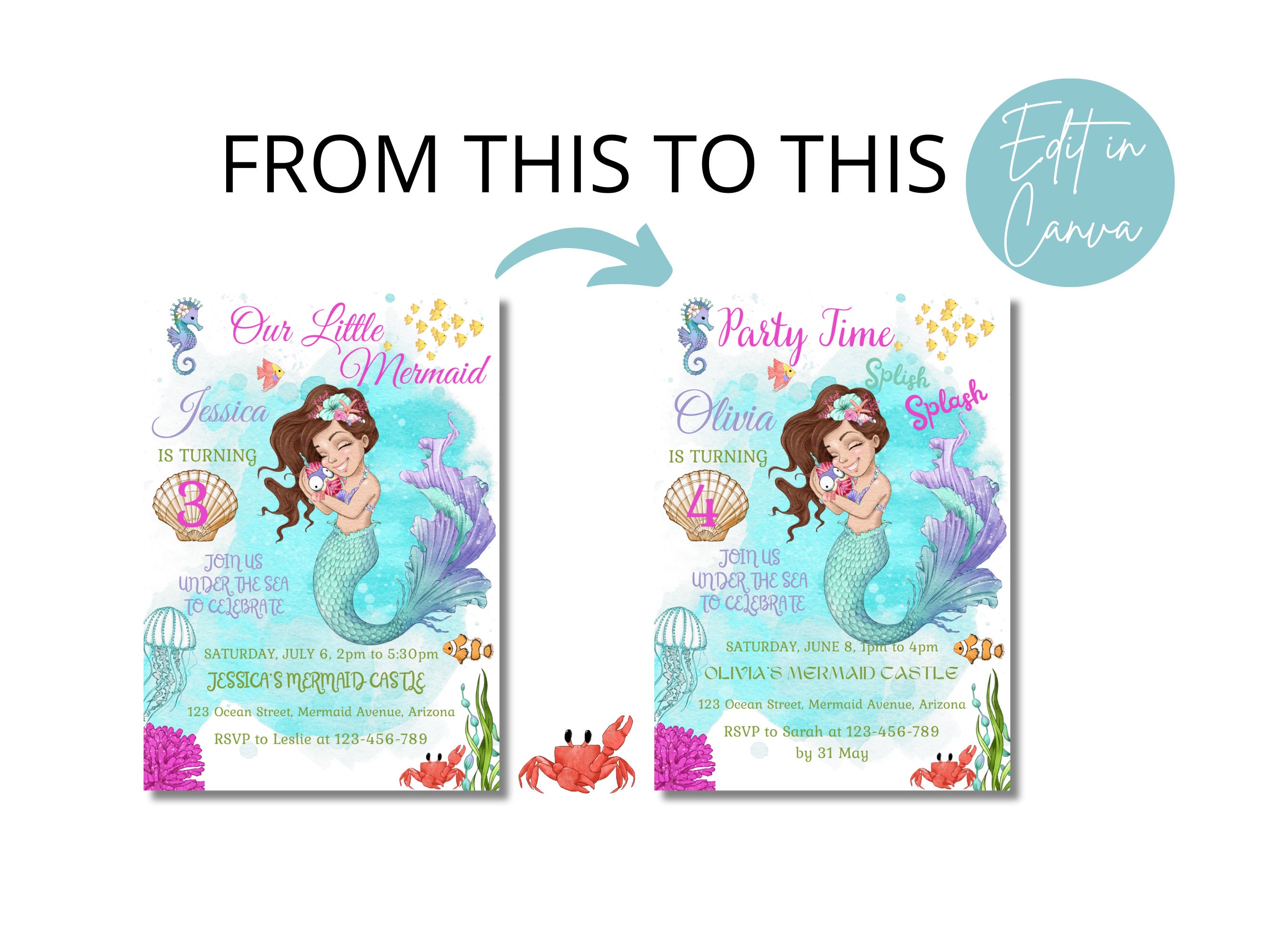 Editable Mermaid Birthday Invitation Template Printable, Mermaid Party ...