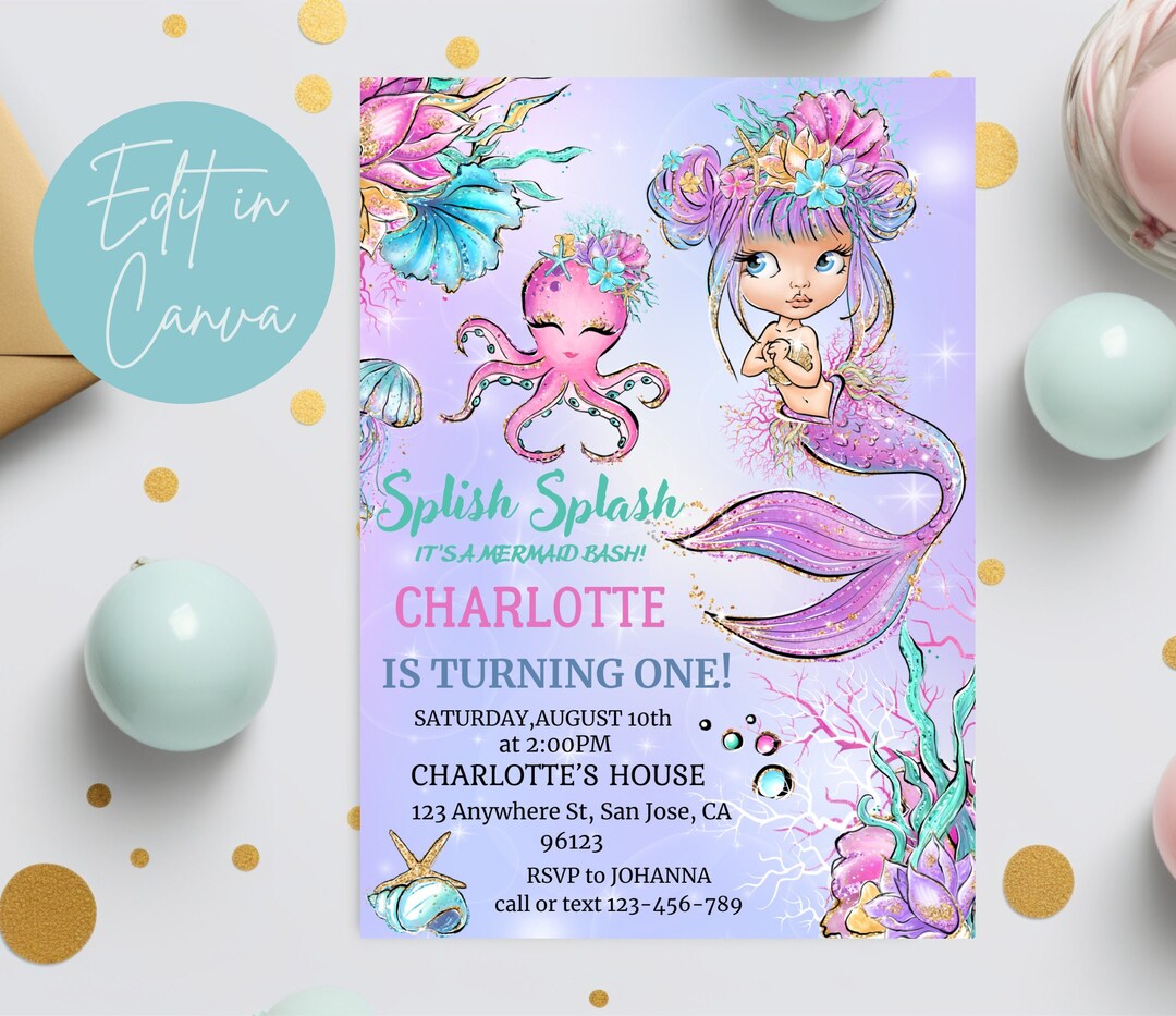 Editable Mermaid Birthday Invitation Mermaid Printable Template Mermaid ...
