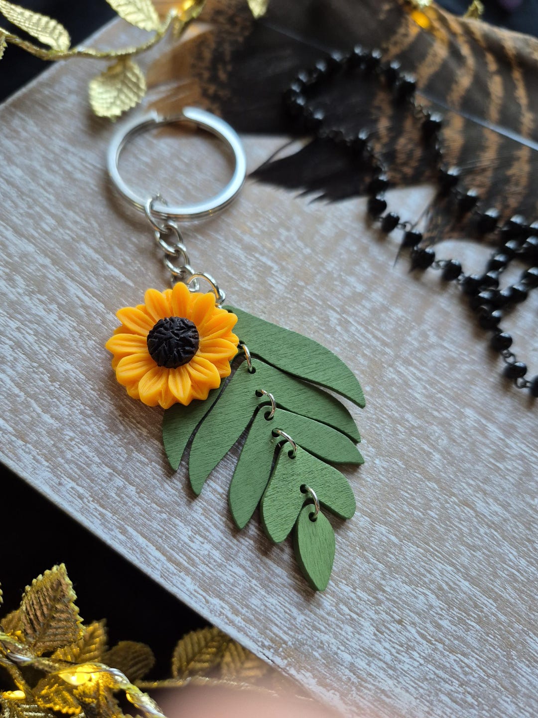 Wooden Leaf and Sunflower Keychain - Etsy