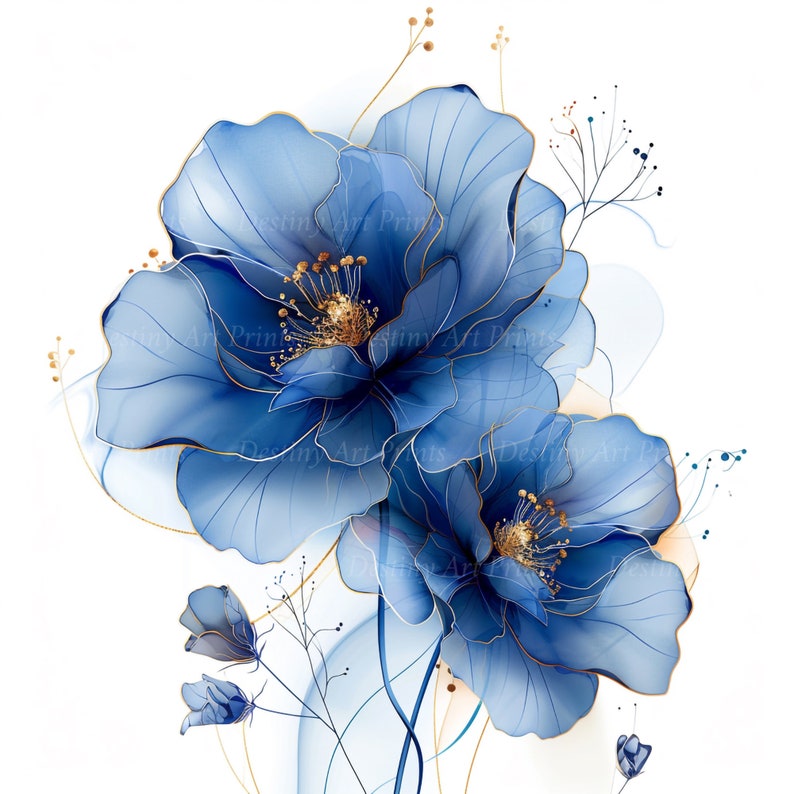 10 Abstract Flower Clipart | Abstract Blue Flower Print | Blue Gold ...
