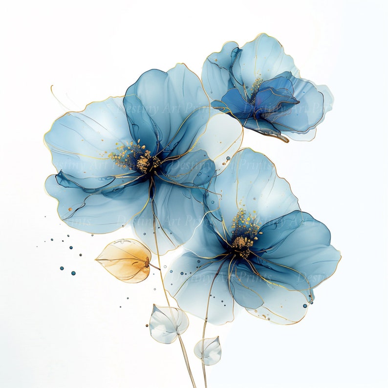 10 Abstract Flower Clipart | Abstract Blue Flower Print | Blue Gold ...