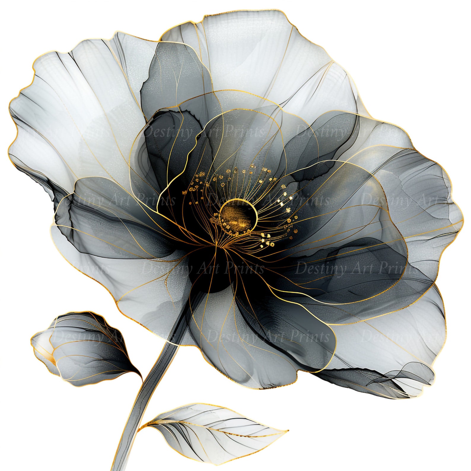 10 Abstract Flower Clipart | Abstract Black Gold Flower Print | Gold ...