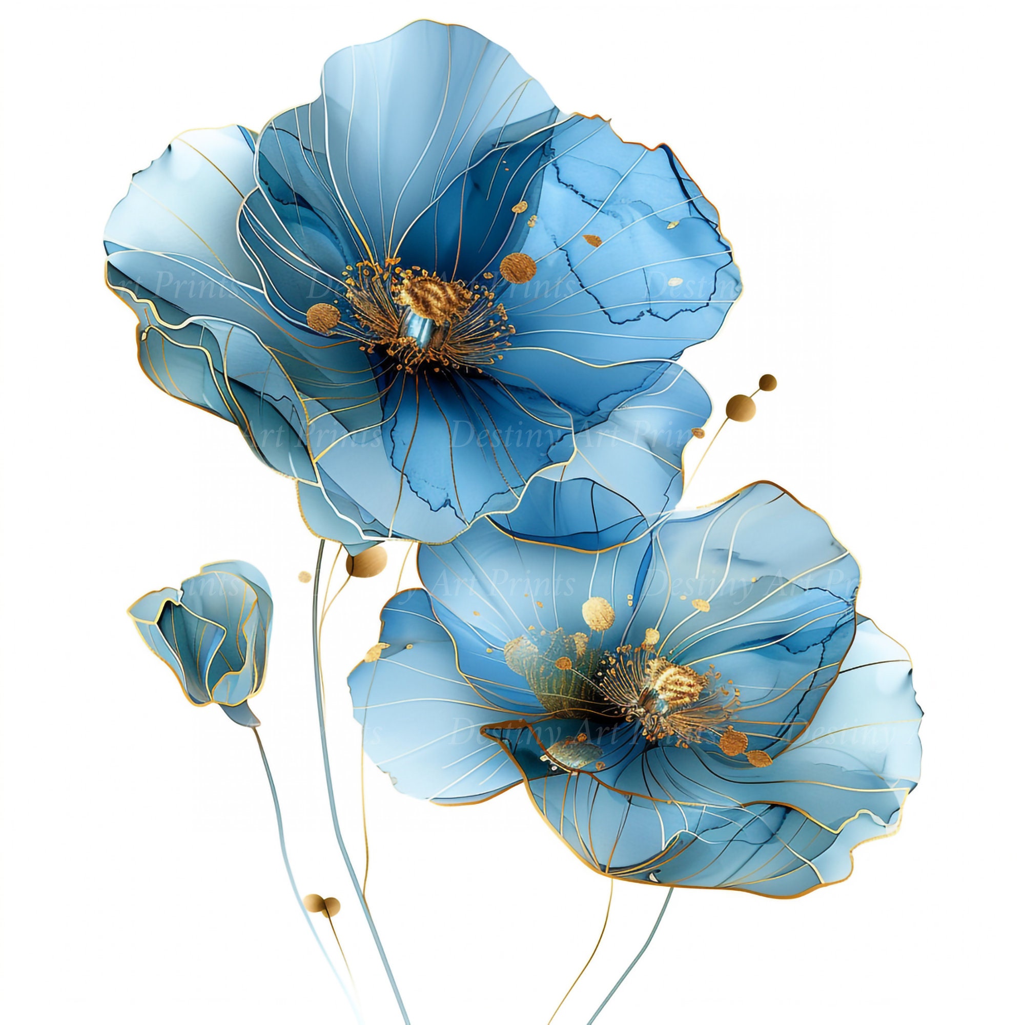 10 Abstract Flower Clipart | Abstract Blue Flower Print | Blue Gold ...