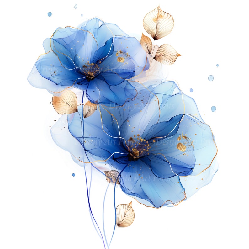 10 Abstract Flower Clipart | Abstract Blue Flower Print | Blue Gold ...