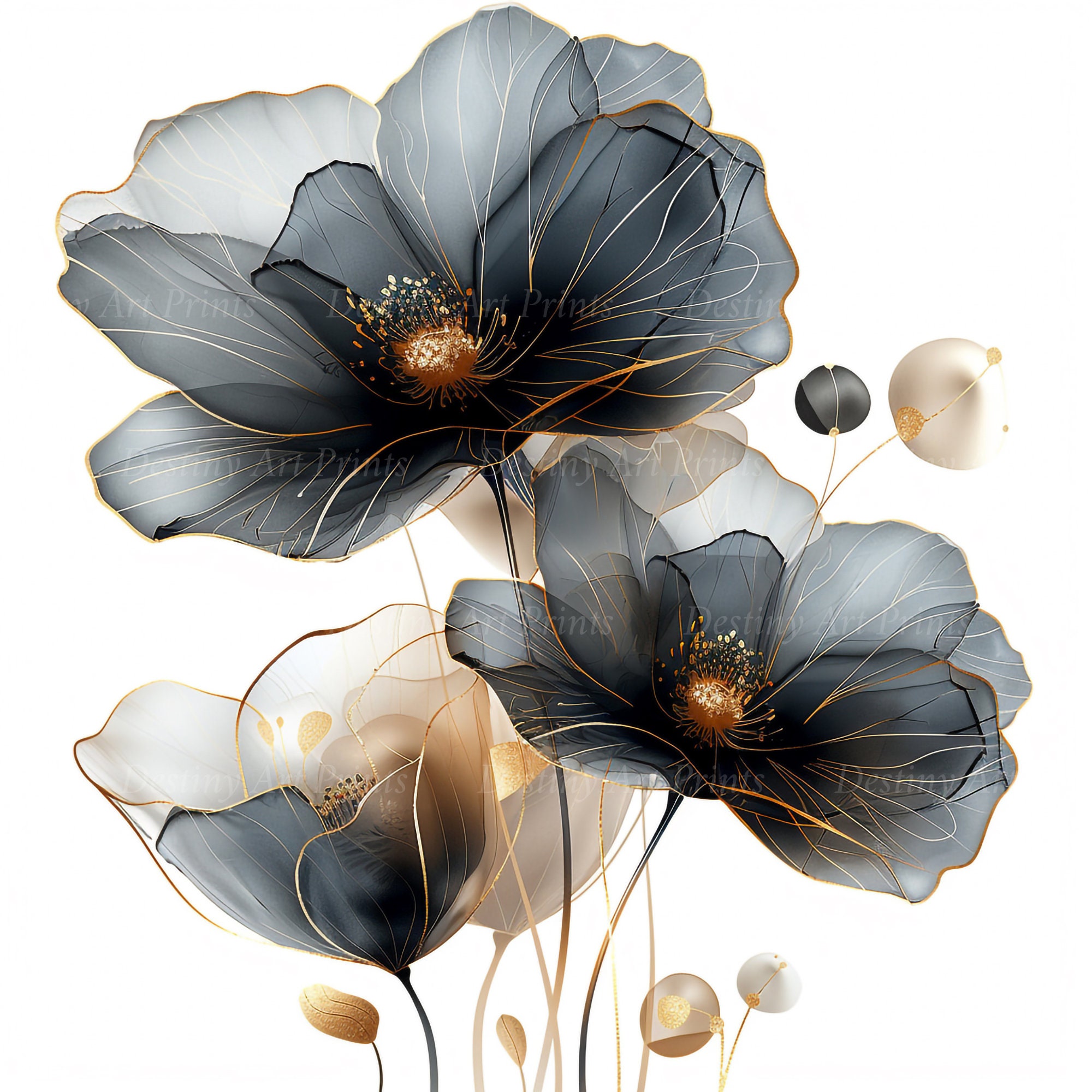 10 Abstract Flower Clipart | Abstract Black Gold Flower Print | Gold ...
