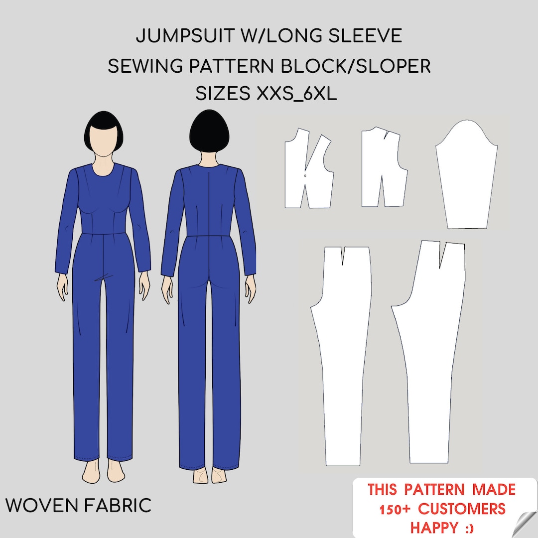 Jumpsuit Pdf Sewing Pattern Block W/ Long Sleeves, Printable Pdf Sewing ...