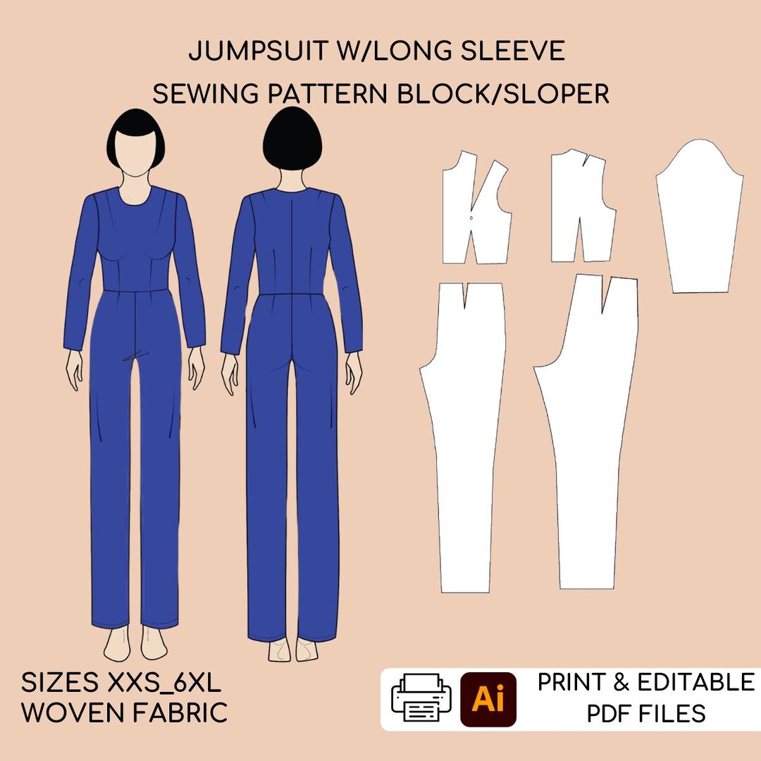 Jumpsuit Pdf Sewing Pattern Block W/ Long Sleeves, Printable Pdf Sewing ...
