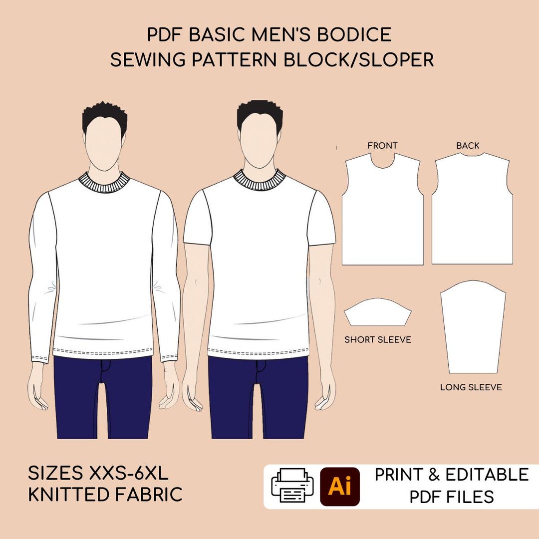 Men's Basic Bodice Sewing Pattern Block/sloper | Men T-shirt Pattern ...