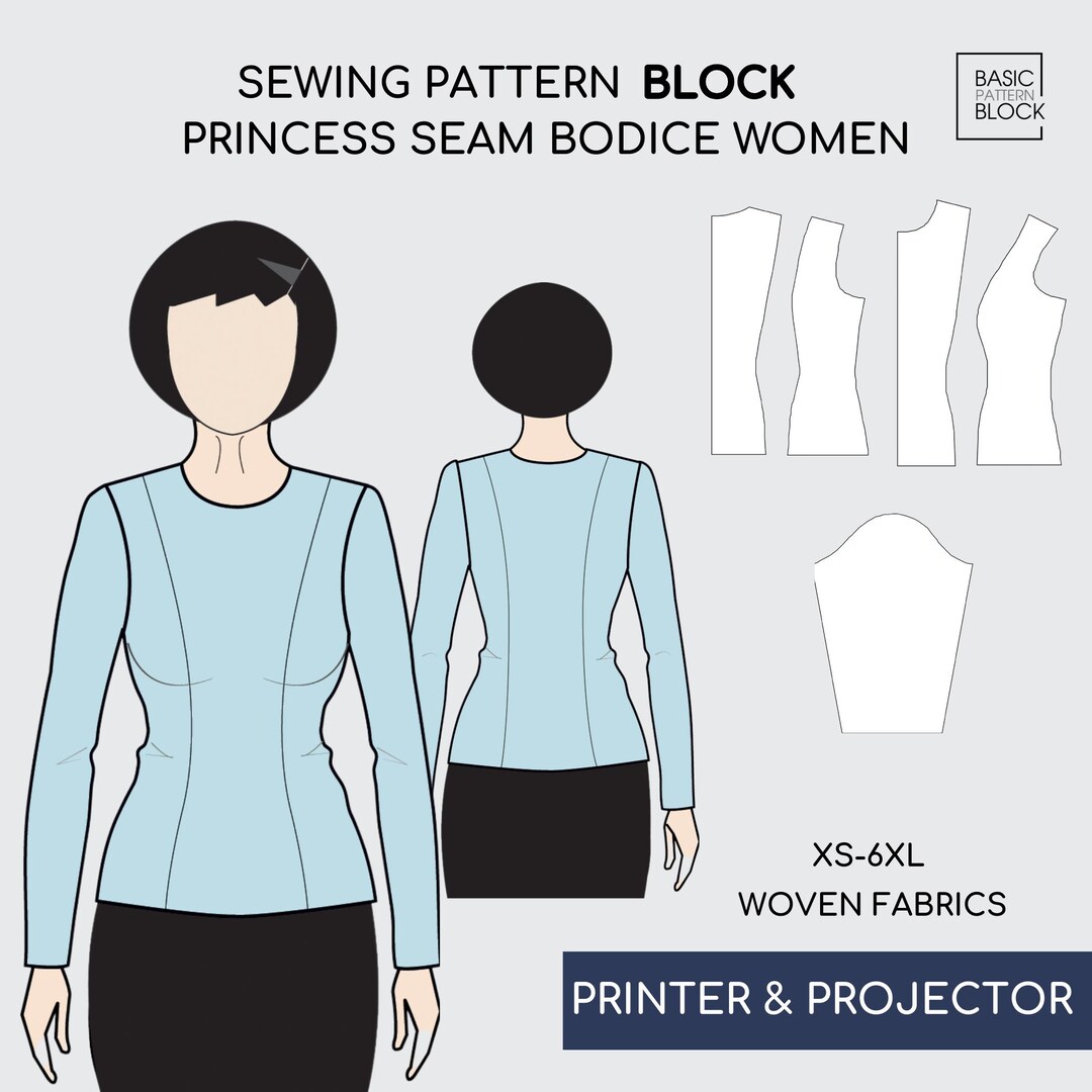 Princess Seam Torso Sewing Pattern Block (sizes XS-6XL), (PDF Download ...