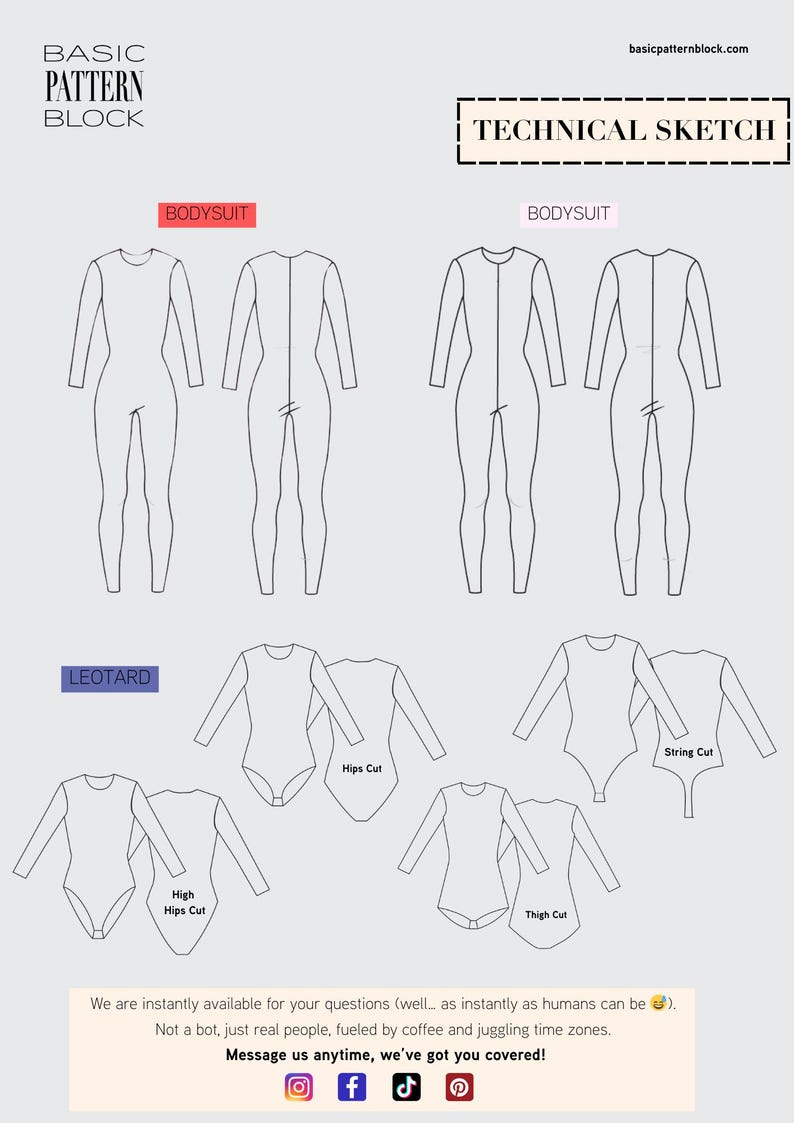 Bodysuit Leotard Sewing Pattern Block Bundle: 6 Styles, 4 Leg Cut (PDF ...