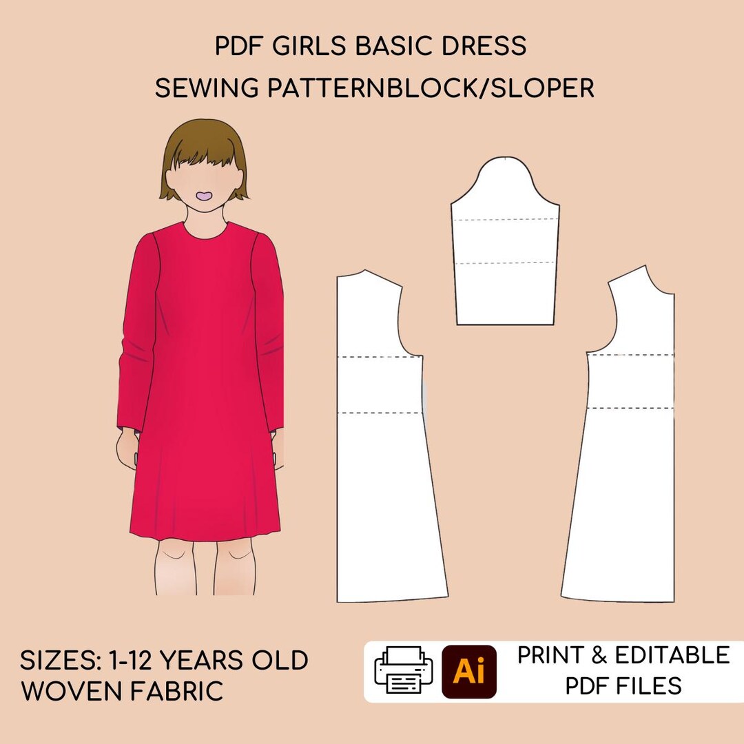 Pdf Girls Dress Sewing Pattern Block/sloper, Basic Girls Dress Pattern ...