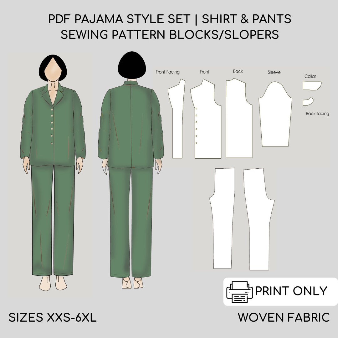 Pdf Pajama Style Set Sewing Pattern Shirt Pants trousers sewing Pattern ...