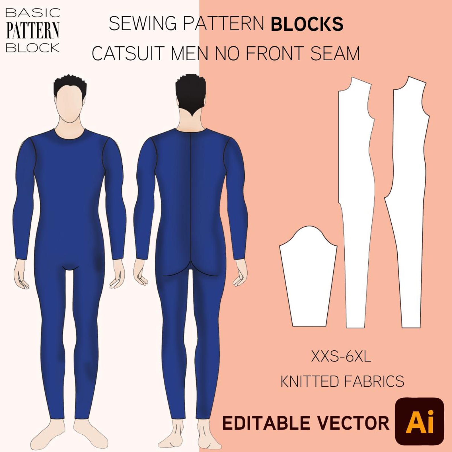 Men's Catsuit Sewing Pattern Block • Seamless Front, Leotard Bodysuit ...