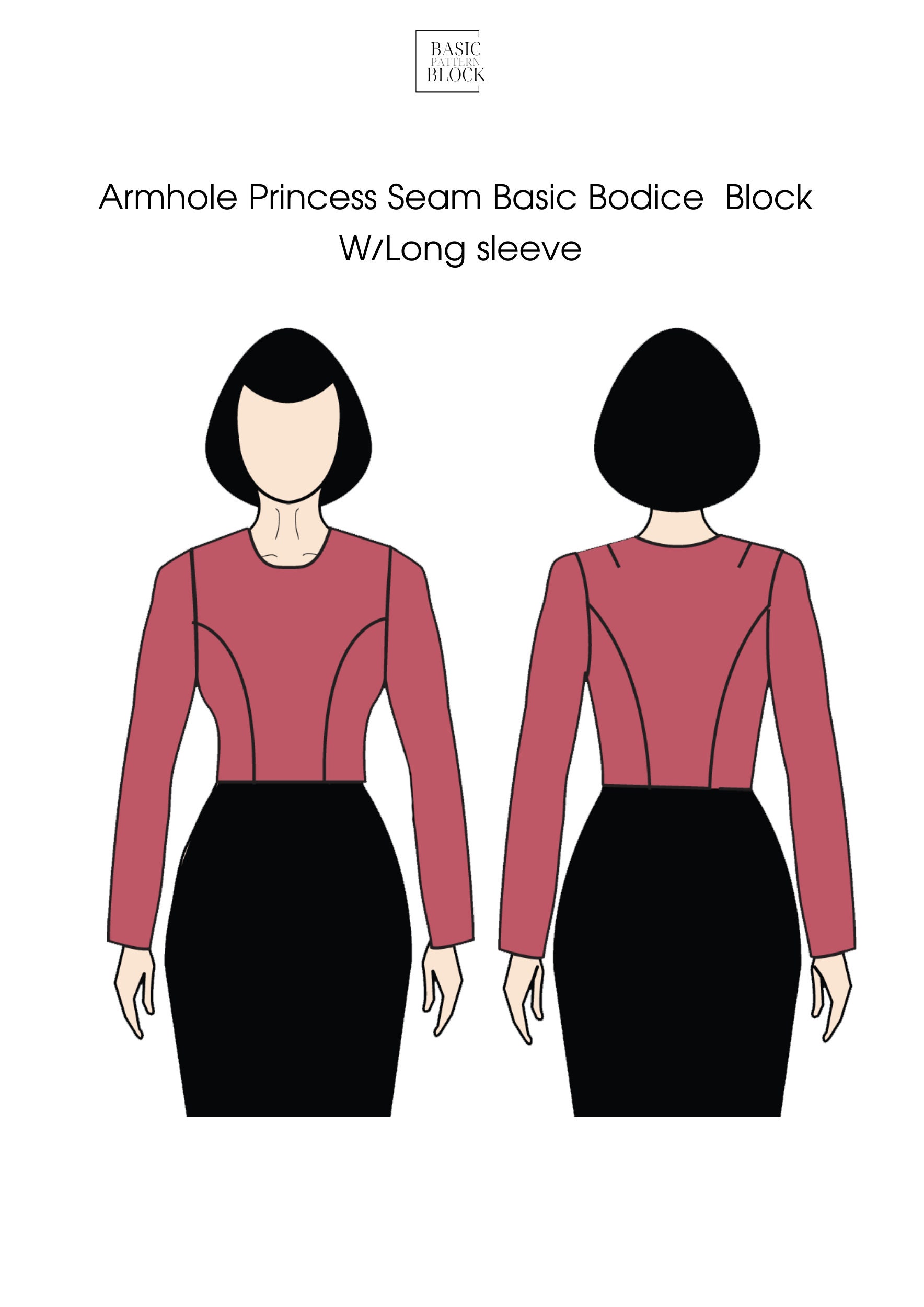 Princess Seam Bodice Sewing Pattern Block • Long Sleeve Top Sizes:xxs ...