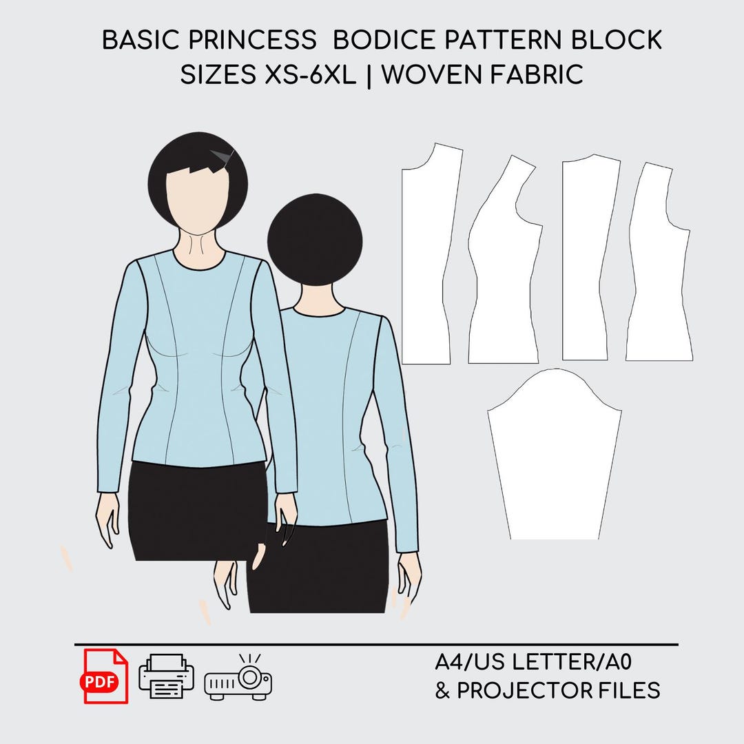 Pdf Princess Seam Torso (dress) Pattern Block | Sloper Pattern Pdf ...