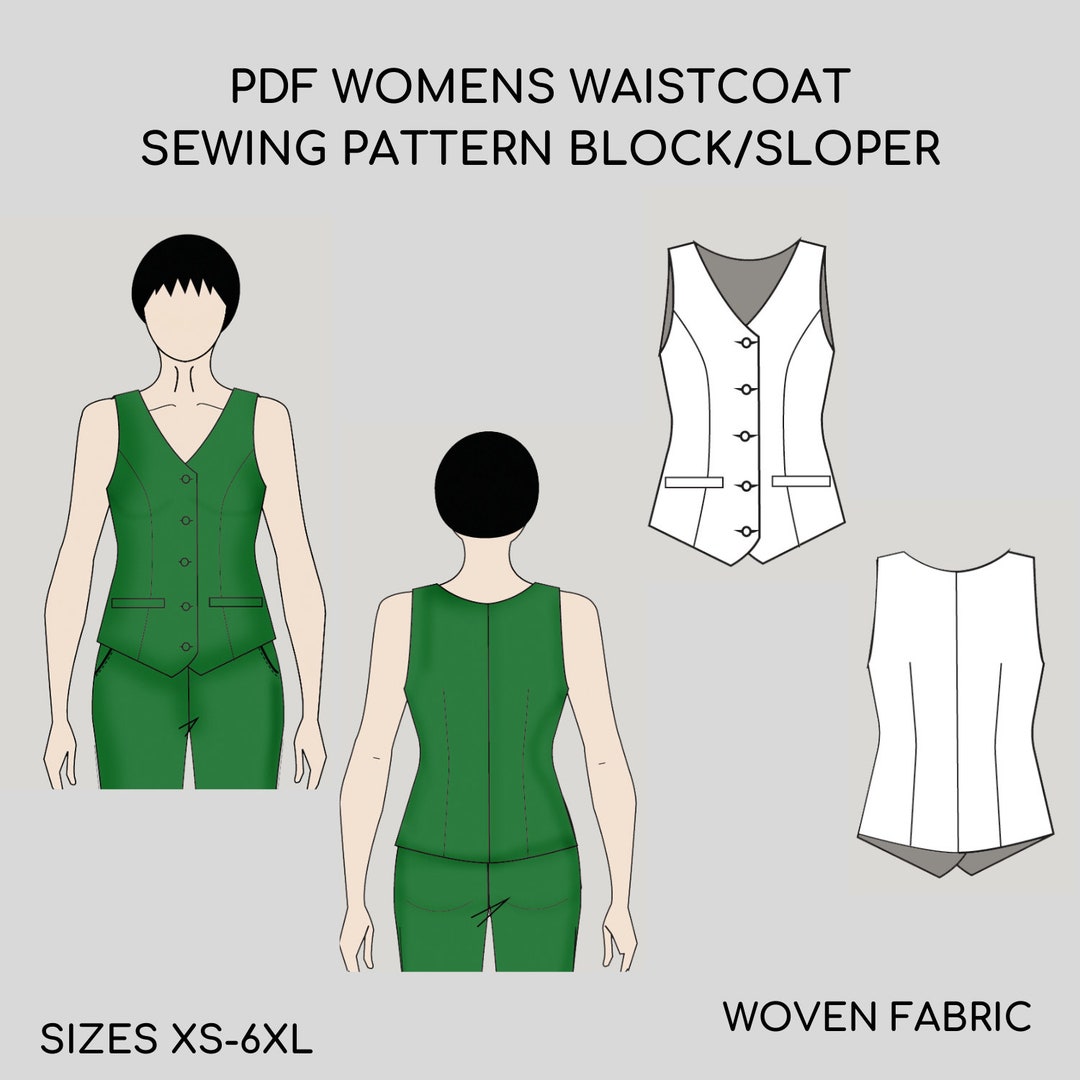 Women's Waistcoat Sewing Pattern Block Vest Pdf Pattern V-neck Buttoned ...