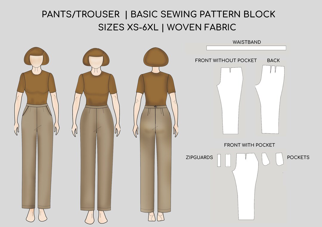 Basic Pants Block for Women Sloper Pdf Sewing Pattern Basic Straight Trousers With Pocket Pants ...
