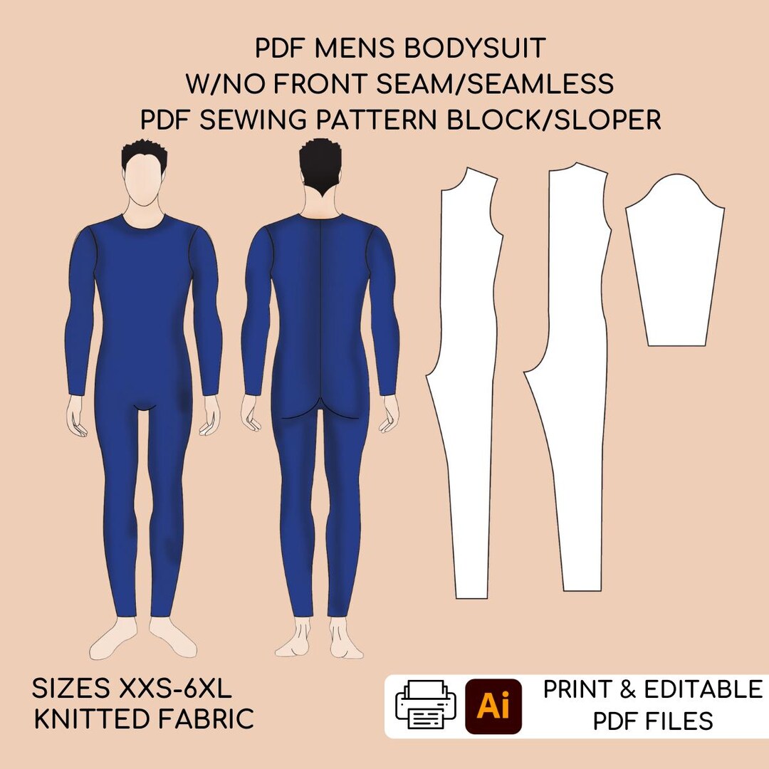 Men's Catsuit Seamless Front PRINT & EDIT Pdf Sewing Pattern Sloper ...