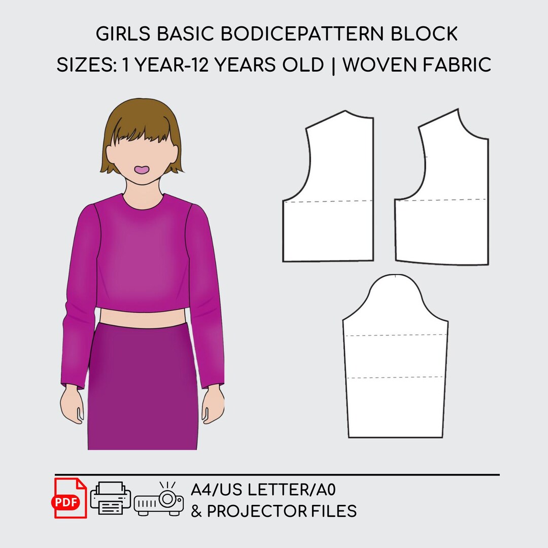 Pdf Girls Bodice Sewing Pattern Block, Basic Girls Pattern Block, Kids ...