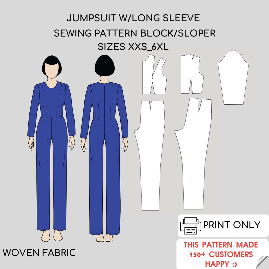 Jumpsuit Pdf Sewing Pattern Block W/ Long Sleeves, Printable Pdf Sewing ...