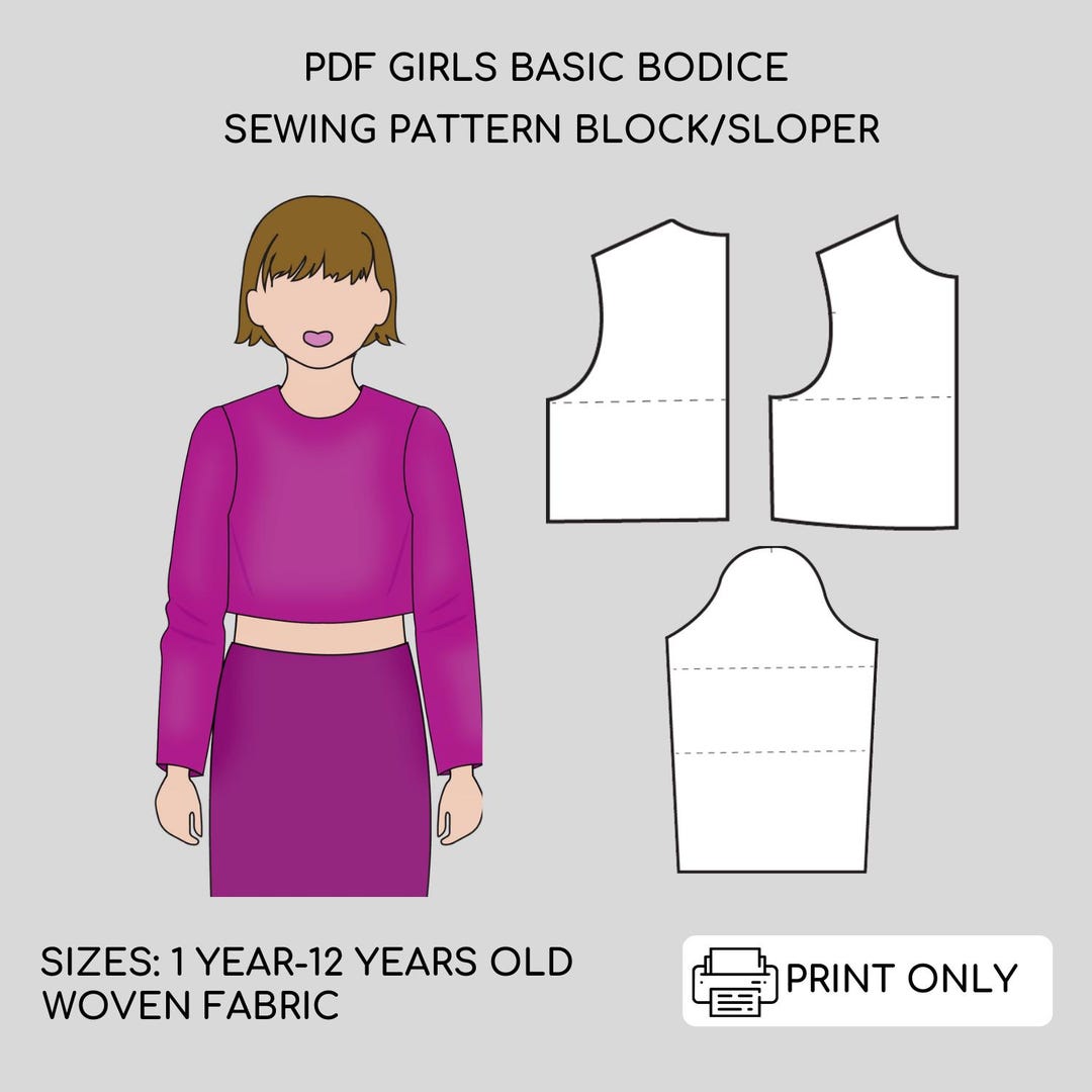 Pdf Girls Bodice Sewing Pattern Block, Basic Girls Pattern Block, Kids ...
