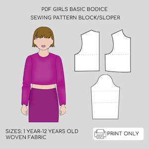Pdf Girls Bodice Sewing Pattern Block, Basic Girls Pattern Block, Kids ...