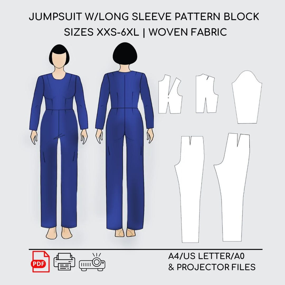 Jumpsuit Pdf Sewing Pattern Block W/ Long Sleeves, Printable Pdf Sewing ...