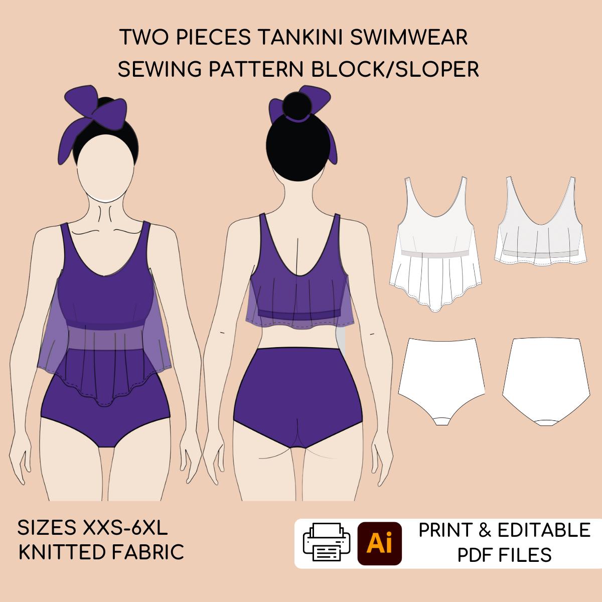 Tankini Swimsuit Sewing Pattern Blocks • Two-piece Set • Plus Size (PDF ...