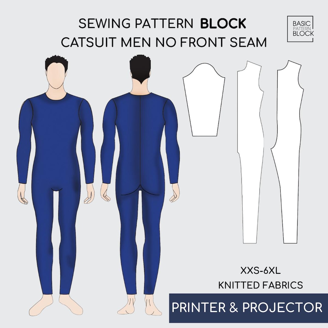 Men's Catsuit Sewing Pattern Block • Seamless Front Bodysuit (PDF ...