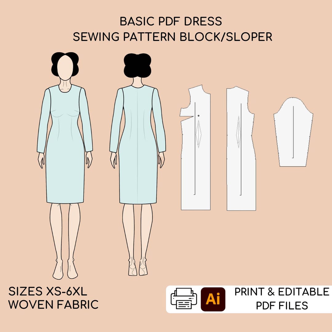 Basic Dress Sewing Pattern Block | Long Sleeve Dress Pattern |regular & Plus Size Dress Pattern ...