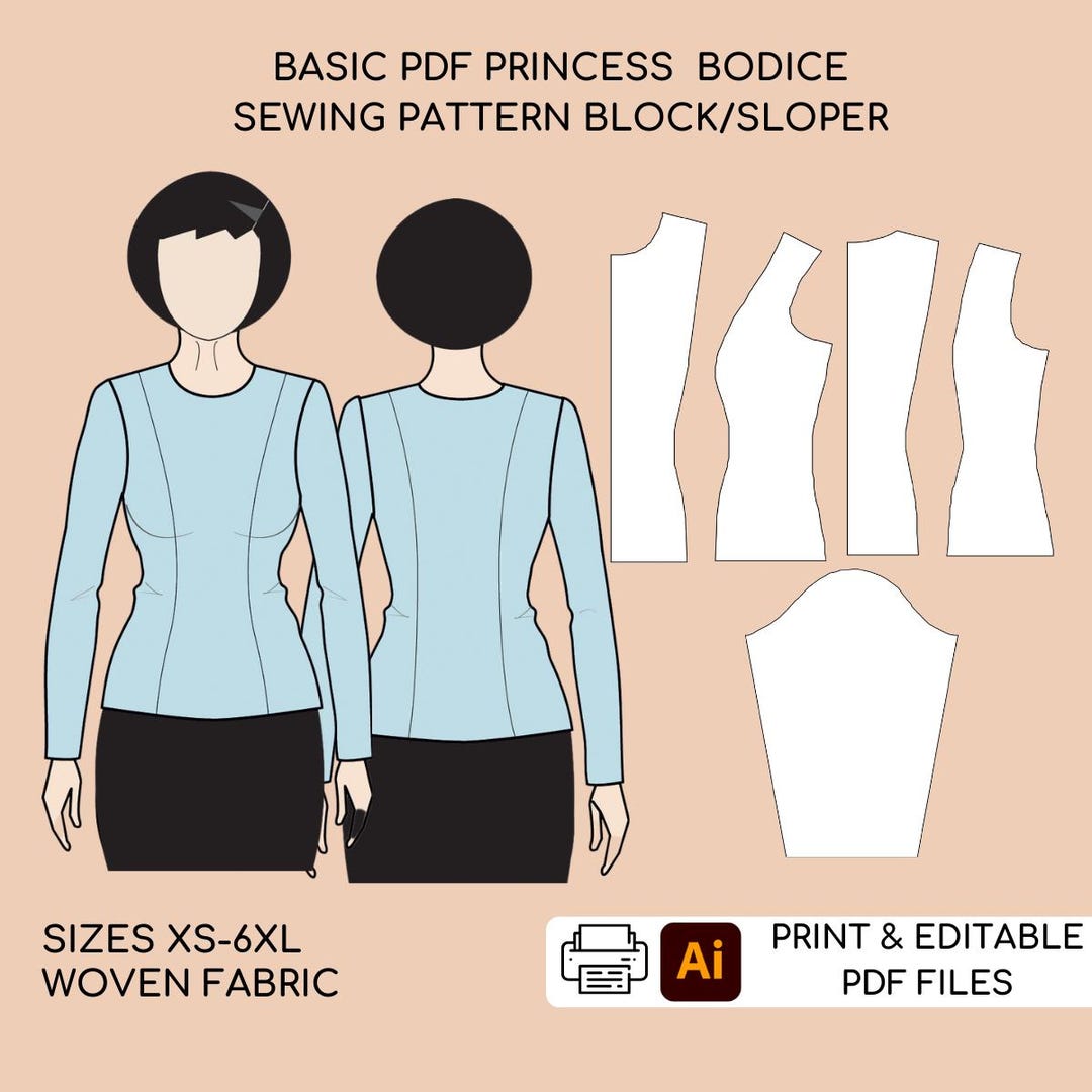 Pdf Princess Seam Torso (dress) Pattern Block | Sloper Pattern Pdf | Basic Block Pattern ...