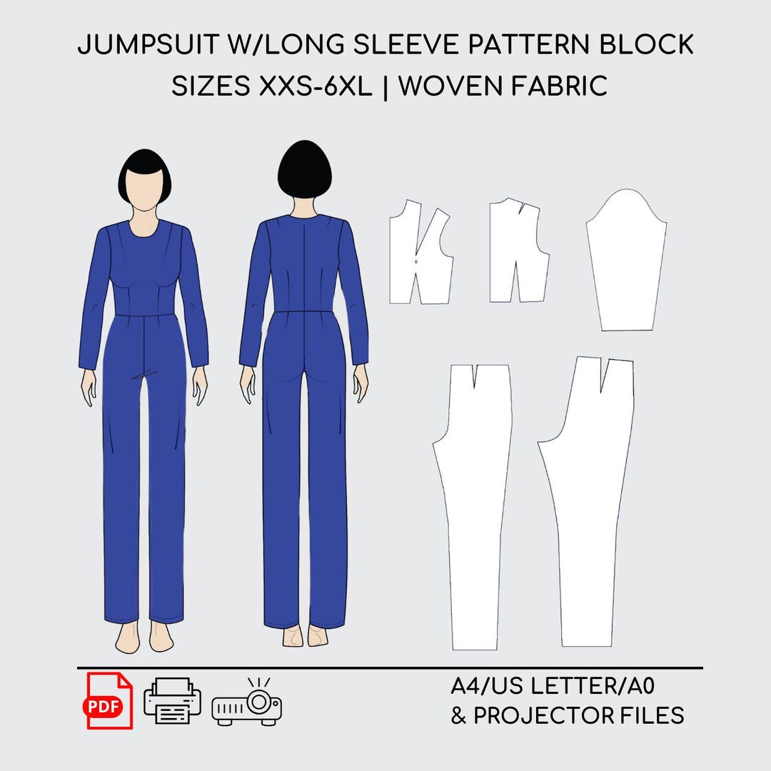 Jumpsuit Pdf Sewing Pattern Block W/ Long Sleeves, Printable Pdf Sewing ...