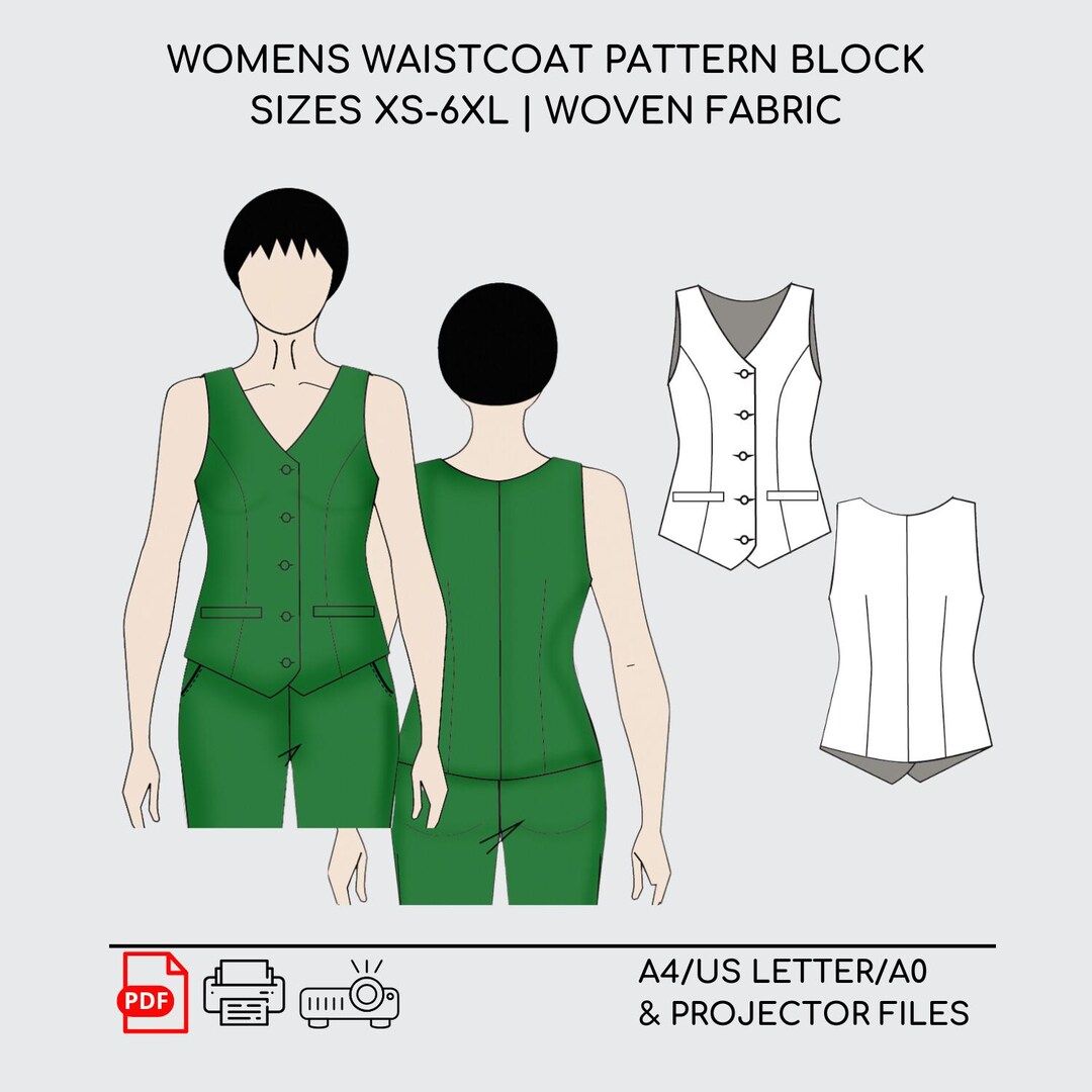 Women's Waistcoat Sewing Pattern Block | Vest Pdf Pattern | V-neck ...