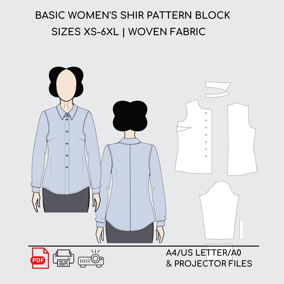 Woman Shirt Pdf Sewing Pattern Block |long Sleeve Shirt With Cuff ...