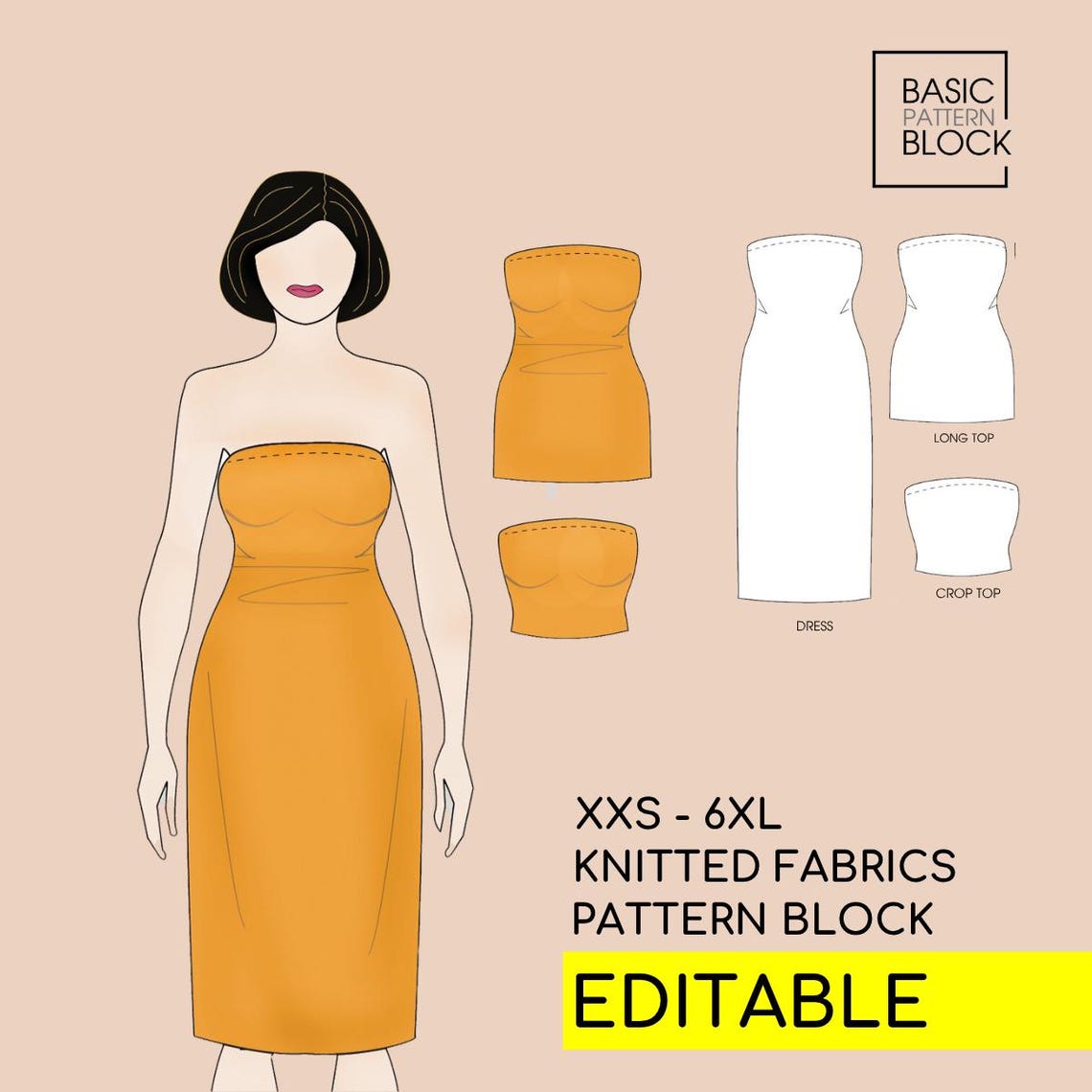 Strapless Tube Dress Sewing Pattern Block: Knit Fabric (PDF Download ...