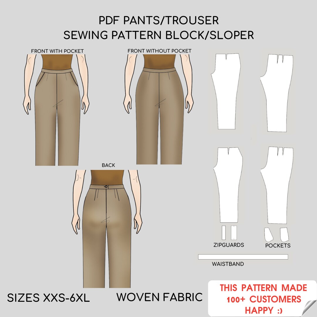 Basic Pants Block for Women Sloper Pdf Sewing Pattern Basic Straight Trousers With Pocket Pants ...