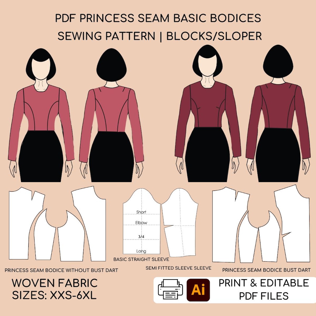 PDF Princess Seam Bodice Sewing Pattern Block/sloper | Armhole Princess ...