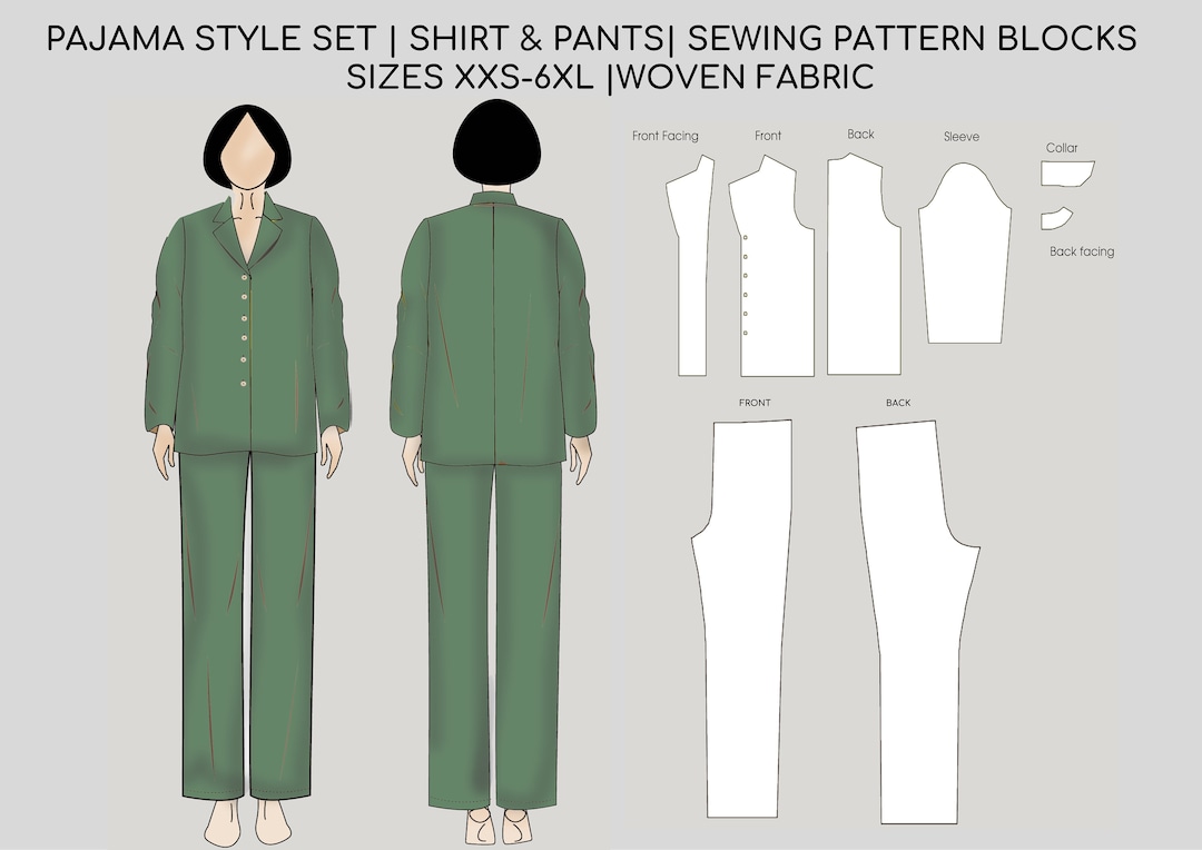 Pdf Pajama Style Set Sewing Pattern Shirt Pants trousers sewing Pattern ...