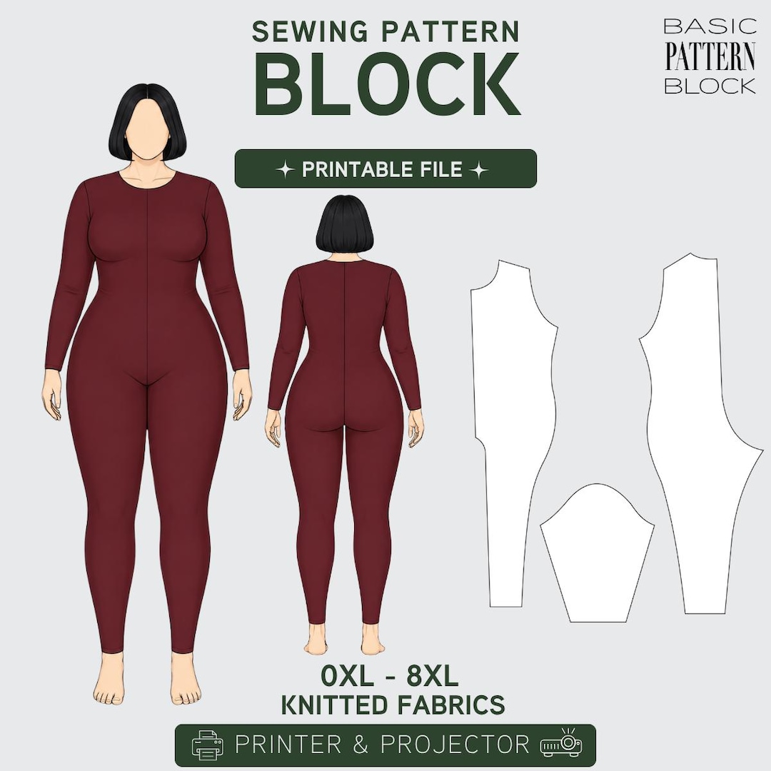 PDF | Plus Size Bodysuit Sewing Pattern Block | Catsuit Leotard | Knit ...