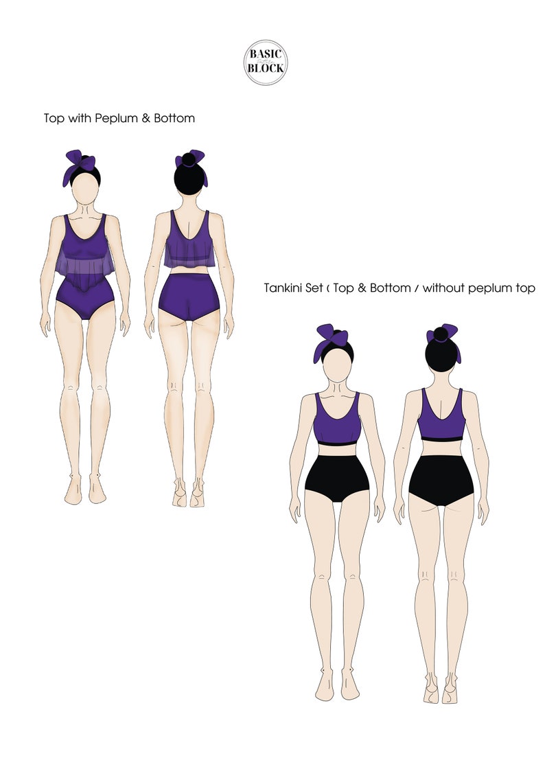 Tankini Swimsuit Sewing Pattern Blocks • Two-piece Set • Plus Size (PDF ...